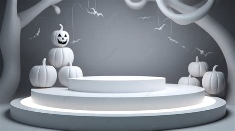 3d 할로윈 소품으로 할로윈 무대 배경 제품 쇼케이스를 위한 빈 흰색 연단이 있는 3d 할로윈 배경 고화질 사진 사진 배경