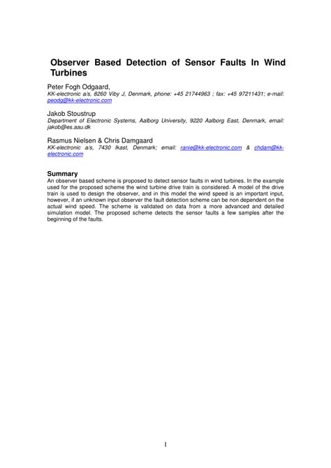 Pdf Observer Based Detection Of Sensor Faults In Wind Turbines