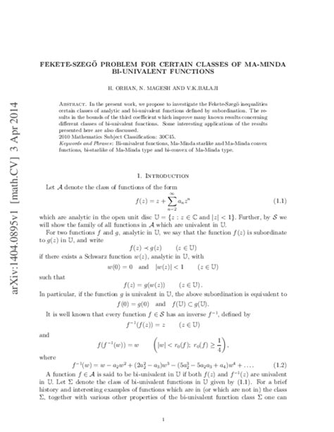 Pdf Fekete Szegö Problem For Certain Classes Of Ma Minda Bi Univalent Functions