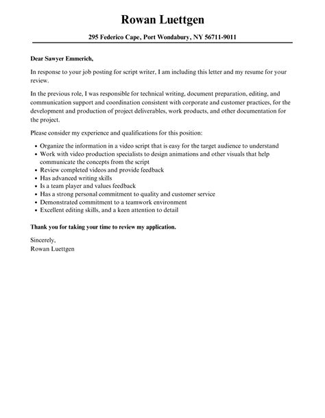 Script Writer Cover Letter Velvet Jobs