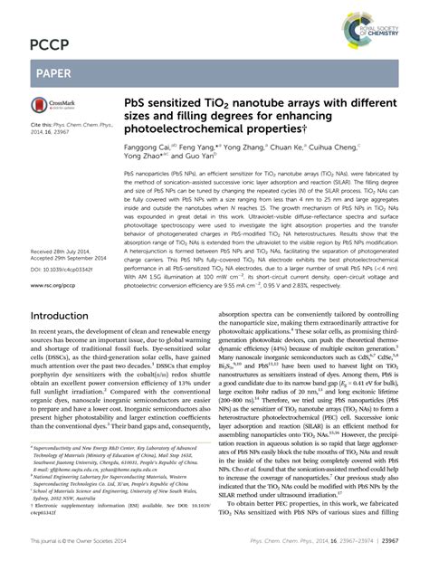 Pdf Pbs Sensitized Tio2 Nanotube Arrays With Different Size And Filling Degree For Enhancing