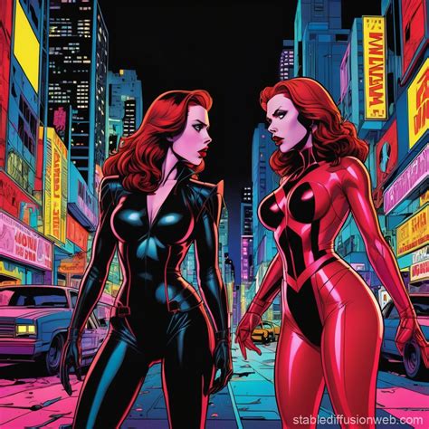 Black Widow And Scarlet Witch In Neon City Stable Diffusion Online