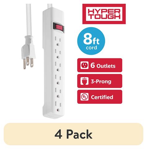 4 Pack Hyper Tough 6 Outlet Indoor Power Strip With 8 Ft Extension