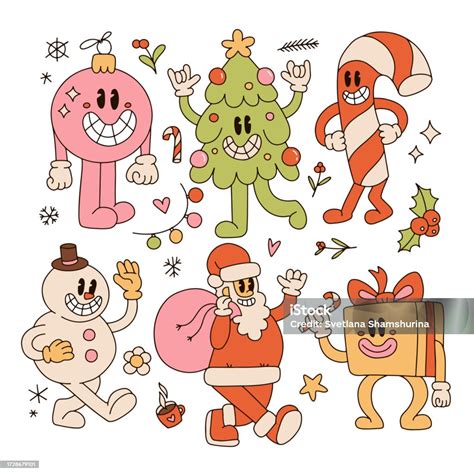 그루비한 복고풍 만화 캐릭터 세트 산타클로스 크리스마스 트리 선물 상자 공 눈사람 트렌디한 7080년대 빈티지 툰 스타일의 사탕수수 크리스마스 마스코트와 요소의 스티커 팩