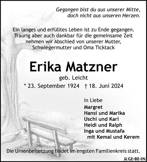 Traueranzeigen Von Erika Matzner Trauer And Gedenken
