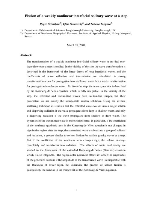 Pdf Fission Of A Weakly Nonlinear Interfacial Solitary Wave At A Step