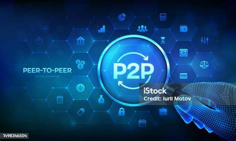 피어 투 피어 지원 또는 송금을 위한 P2p 결제 및 온라인 모델 피어 투 피어 비즈니스 기술 개념은 와이어 프레임 손과 아이콘에 돋보기가 있습니다 벡터 그림입니다 경제에