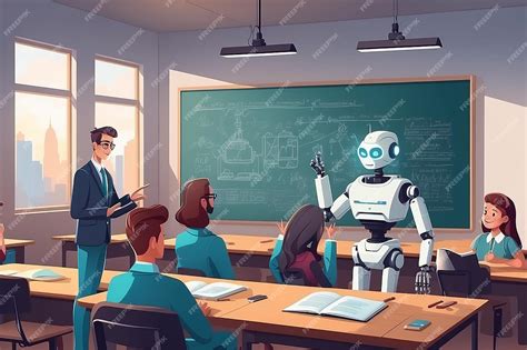 Premium Photo Robot Teacher And Students Work Together At Blackboard