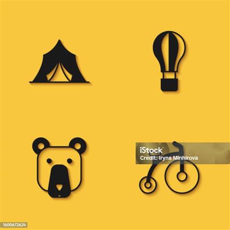 서커스 텐트 빈티지 자전거 곰 머리 열기구 아이콘을 긴 그림자로 설정합니다 벡터 검은색에 대한 스톡 벡터 아트 및 기타 이미지 검은색 고풍스런 곰 Istock