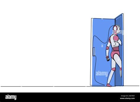 Single Continuous Line Drawing Robots Walking Enters The Room Through The Door Modern Robotics