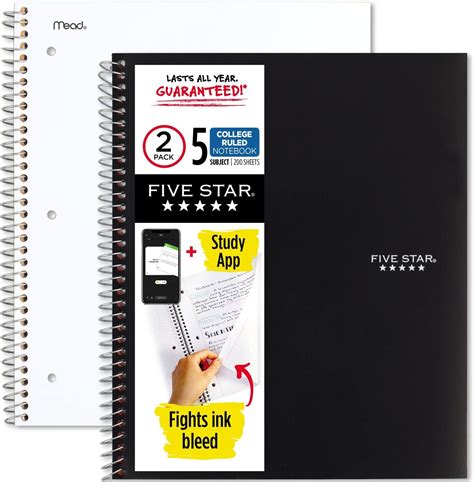 Five Star Spiral Notebook 5 Subject College Ruled 200 Sheets Black