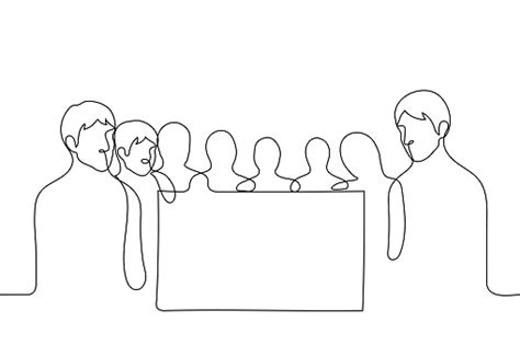 서 있는 동안 Tv를 보고 있는 사람들의 군중 한 선 그리기 벡터 사람들은 대형 스크린 앞에 서서 뉴스를 기다리며 얼어붙었고 사무실에 있는 동료들은 제품 프레젠테이션을