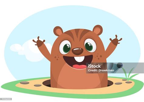 멋진 만화 마 모트 또는 다람쥐 나 햄스터의 밖으로 보고 그의 손을 흔들고 주요 모자에 그것의 봄 배경에서 빌려 벡터 일러스트입니다 마모의 날입니다 파티 초대장 만화에 대한