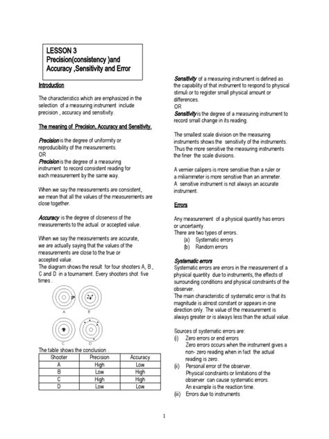 Lesson 3 Precision Consistency And Accuracy Sensitivity And Error Pdf Observational Error