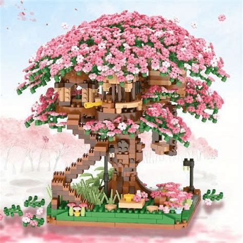 2028pcs Pink Sakura Tree House Building Block Cherry Blossom Diy Toy