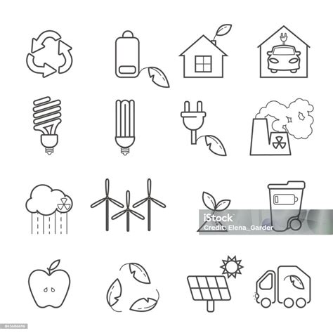 에코 아이콘 벡터 세트 얇은 선 생태 서명 Infographic 웹 사이트 또는 응용 프로그램 절전 램프 원자력 발전소 풍력 에너지 Elecrtic 자동차 저 에너지