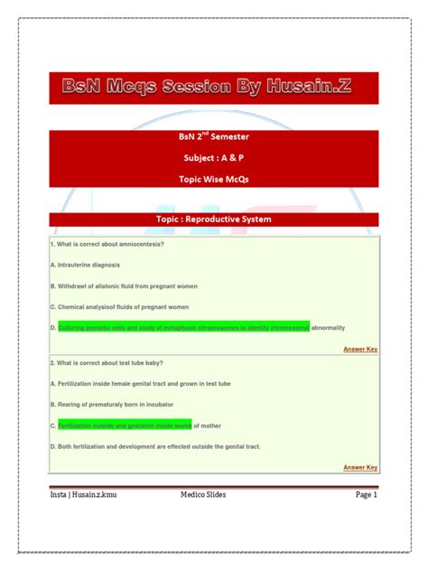 Reproductive System Mcqs Yt Insta Medico Slides Pdf Menstrual Cycle Ovary