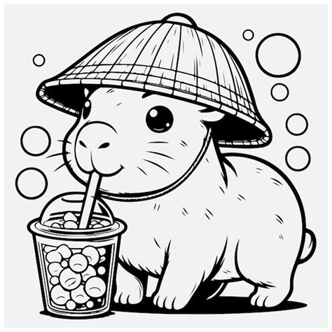 Capybara With Bubble Tea For Mascot Coloring Pages Style Stock