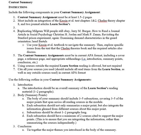 content summary instructions include the following