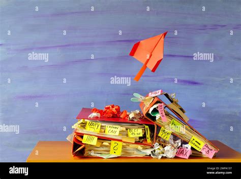 Messy File Folder Sticky Notes And Paper Plane Taking Off Red Tape Bureaucracy Overworked