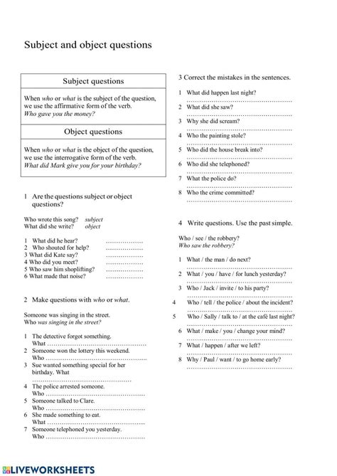 Subject And Object Questions Simple Past Tense Ficha Interactiva Simple Past Tense