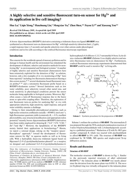 Pdf A Highly Selective And Sensitive Fluorescent Turn On Sensor For Hg2 And Its Application