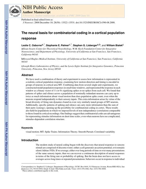 Pdf The Neural Basis For Combinatorial Coding In A Cortical Population Response