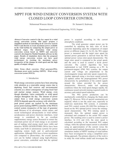 Pdf Mppt For Wind Energy Conversion System With Closed Loop Converter Control