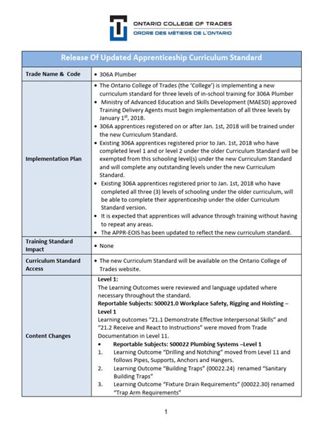 Plumber Release Note For Updated Curriculum Standard V300 Revised Pdf Plumbing Pipe Fluid