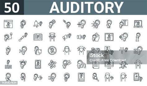 귀 보청기 귀 청각 청각 귀 보고서 프리젠 테이션 다이어그램 웹 디자인 모바일 앱을위한 벡터 얇은 아이콘과 같은 50 개의 개요 웹 청각 아이콘 세트 보청기에 대한 스톡
