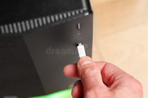 Usb Cable Plug Connecting By The User Hand To An Computer Close Up Daily Office Routine Stock