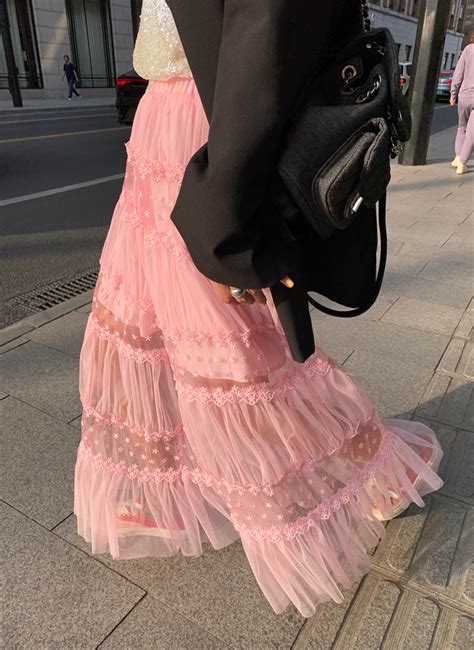 핑크 시스루 망사 롱 밴딩 스커트