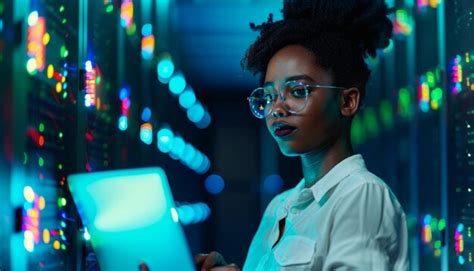Cybersecurity Warrior Black Female Programmer Troubleshooting In Dark Server Room With Laptop