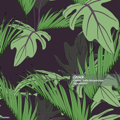 이국적인 보라색 잎과 녹색 열대 야자수 어두운 배경 꽃 무음 패턴 열대 그림입니다 여름 해변 디자인입니다 파라다이스 자연 0명에 대한 스톡 벡터 아트 및 기타 이미지