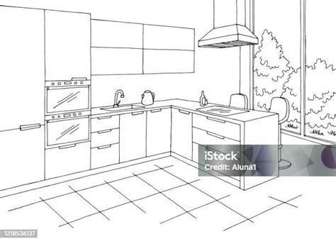부엌 방 그래픽 블랙 화이트 홈 인테리어 스케치 일러스트 벡터 부엌에 대한 스톡 벡터 아트 및 기타 이미지 부엌 0명 가구 Istock