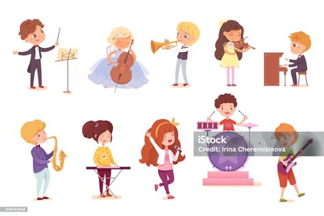 음악 세트를 연주하는 키드 뮤지션 피아노 바이올린 트럼펫 색소폰 일렉트릭 기타 드럼 벡터 일러스트와 어린 소녀와 소년 흰색 배경에 악기를 가진 어린이 오케스트라에 대한 스톡