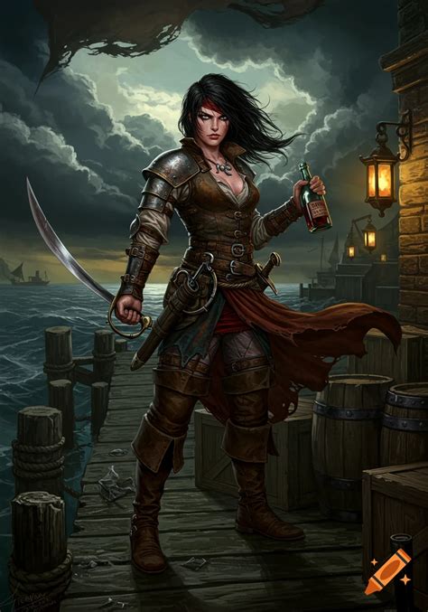 A Tough Female Pirate With A Sword And Liquor Bottle Stands On A