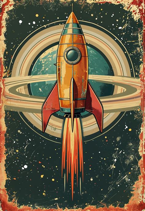 Retro Space Exploration Rocket Ship Digital Art Poster Playground