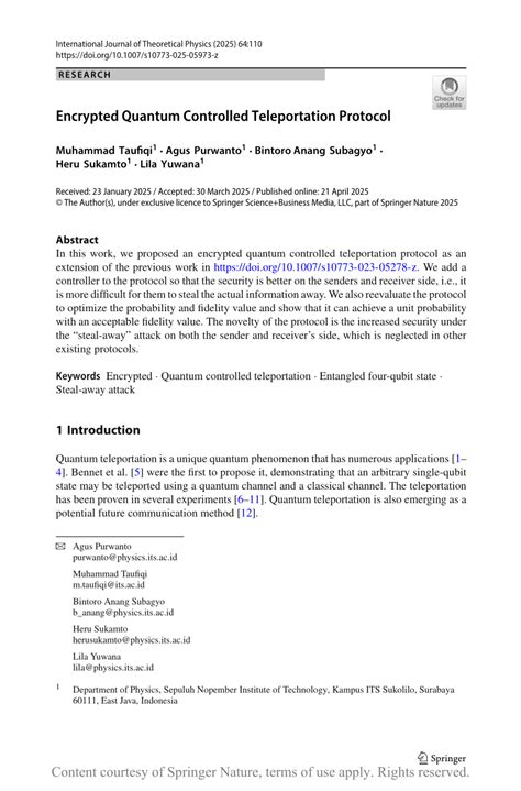 Encrypted Quantum Controlled Teleportation Protocol Request PDF