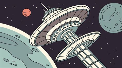 Space Station Orbiting Planet Futuristic Habitat Cosmic Outpost Sci Fi Technology Vector