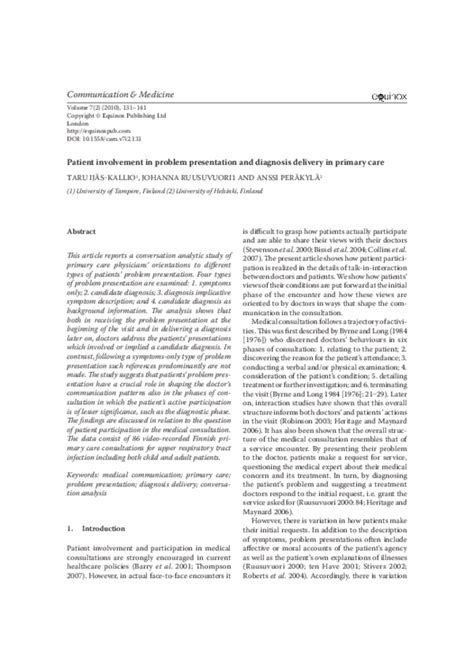 Pdf Patient Involvement In Problem Presentation And Diagnosis Delivery In Primary Care Anssi