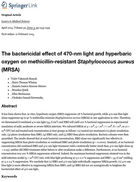 The Bactericidal Effect Of 470 Nm Light And Hyperbaric Oxygen On Methicillin Resistant