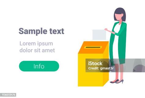 선거 일 개념 캐주얼 여성 유권자 투표 전체 길이 평면 수평 복사 공간 흰색 배경 동안 상자에 종이 투표 지 목록 올리기 여자에 대한 스톡 벡터 아트 및 기타 이미지