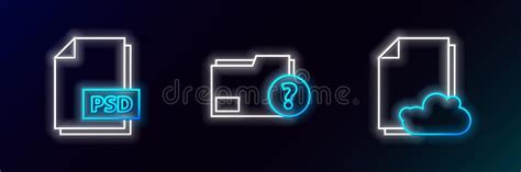 Set Line Cloud Storage Text Document Psd File And Unknown Folder Icon Glowing Neon Vector