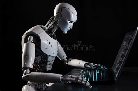 robot executing code from different programming languages on a computer screen stock