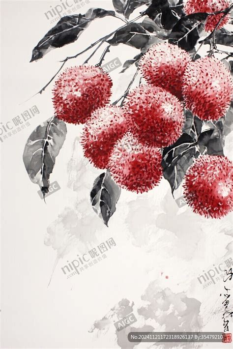 Ai创作图无框画荔枝 艺术品荔枝 红荔图 工笔红果 工笔荔枝 写意荔枝 工笔画荔枝 荔枝画 原创荔枝挂画 荔枝艺术 写意红果 手绘荔枝图 水墨