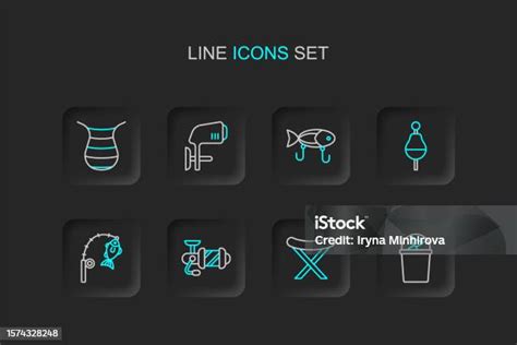 세트 라인 어부 모자 낚시 작살 낚시용 스피닝 릴 낚싯대 및 플로트 미끼 선외 보트 모터 및 그물 아이콘 벡터 강에 대한 스톡 벡터 아트 및 기타 이미지 Istock