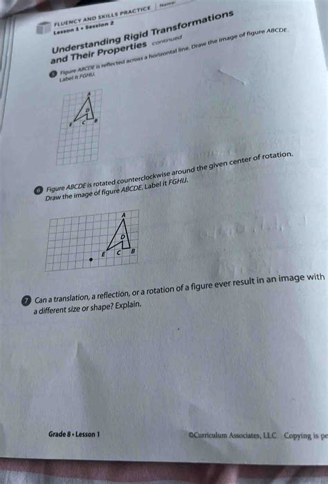 Name Fluency And Skills Practice Lesson 1 × Session 2 Understanding Rigid Transformatio Math