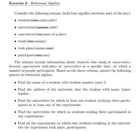 Solved Exercise Relational Algebra Consider The Following Chegg