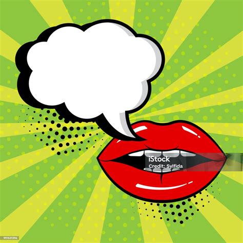 녹색 배경에 붉은 입술으로 당신의 텍스트에 대 한 빈 흰색 만화 거품이 있다 팝 아트 스타일에서 만화 음향 효과입니다 벡터 일러스트 레이 션 팝 아트에 대한 스톡 벡터 아트
